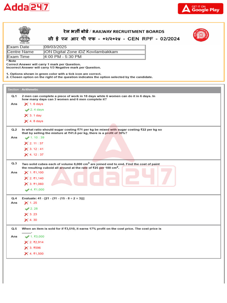 RPF Constable Answer Key 9 Mar 25 Shift III | PDF