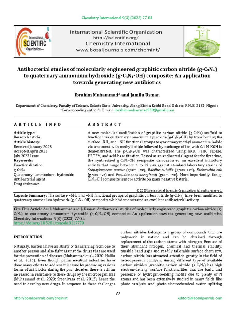 Antibacterial Studies of gc3n4 and Gc3n4oh | PDF | Materials | Chemical ...