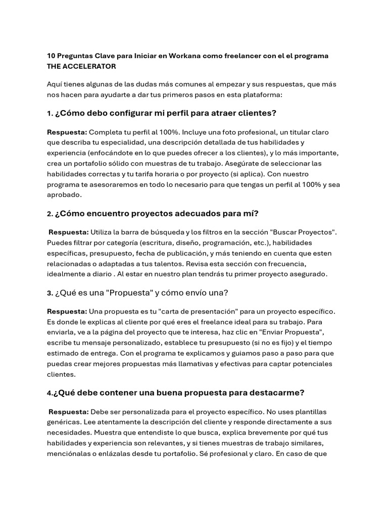 10 Preguntas y Respuestas de Plan The Accelerato Workana | PDF ...