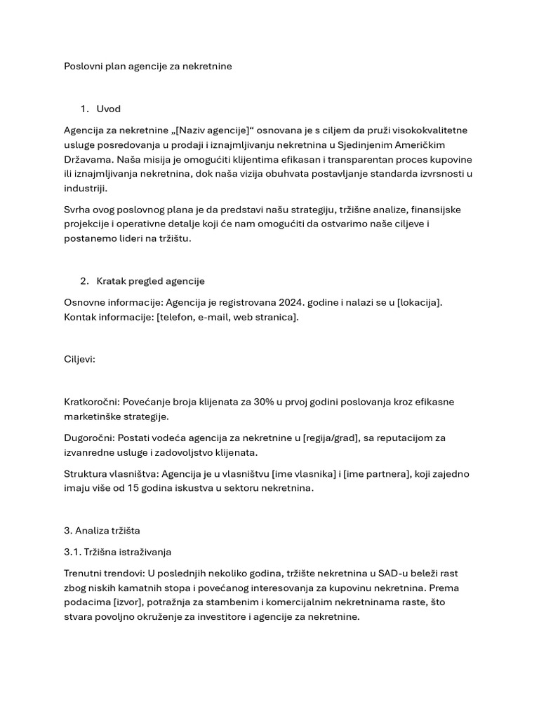 Poslovni Plan Agencije Za Nekretnine | PDF