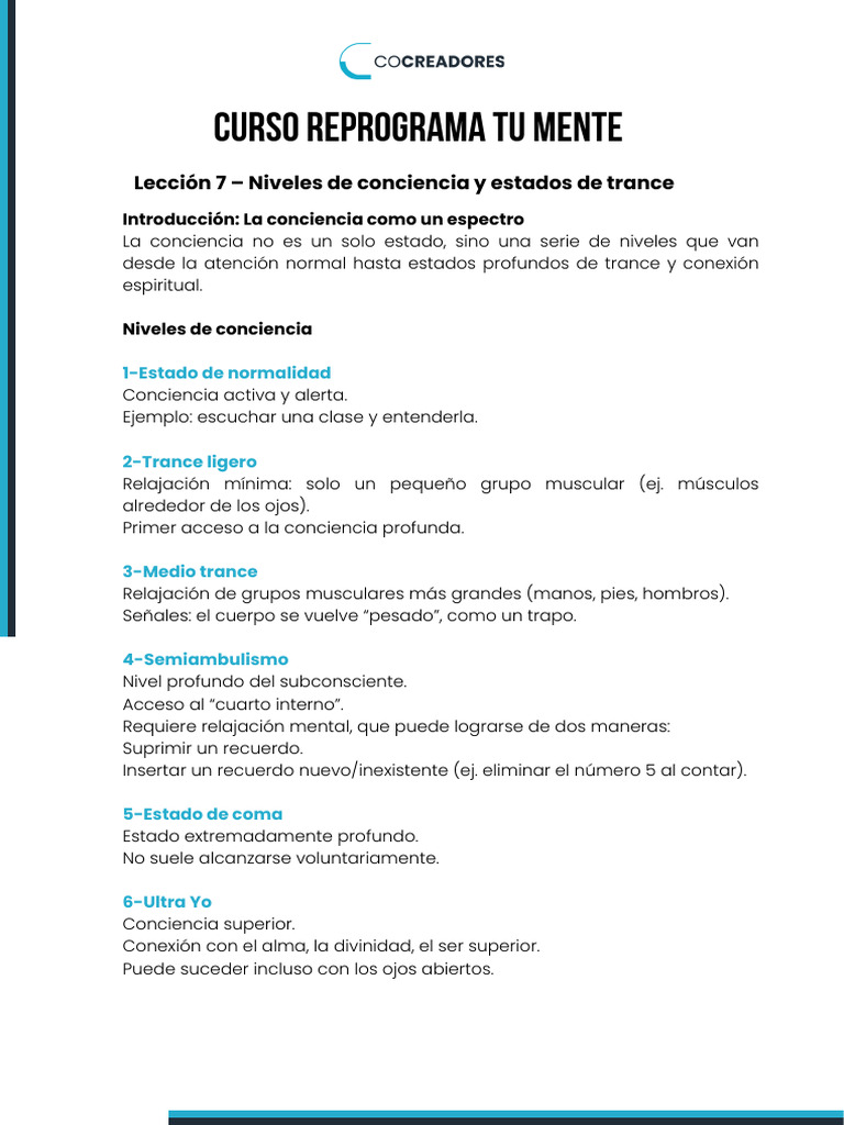 Lección 7 - Niveles de Conciencia y Estados de Trance | PDF | Mente ...