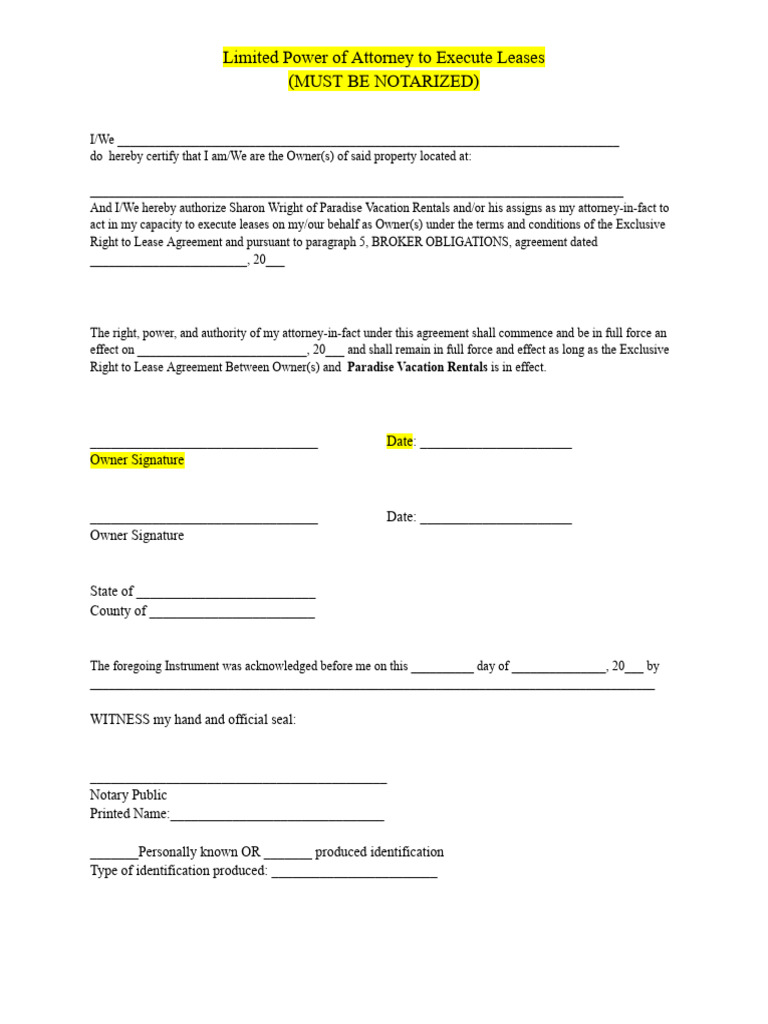 Limited Power of Attorney To Execute Leases (Must Be Notarized) | PDF