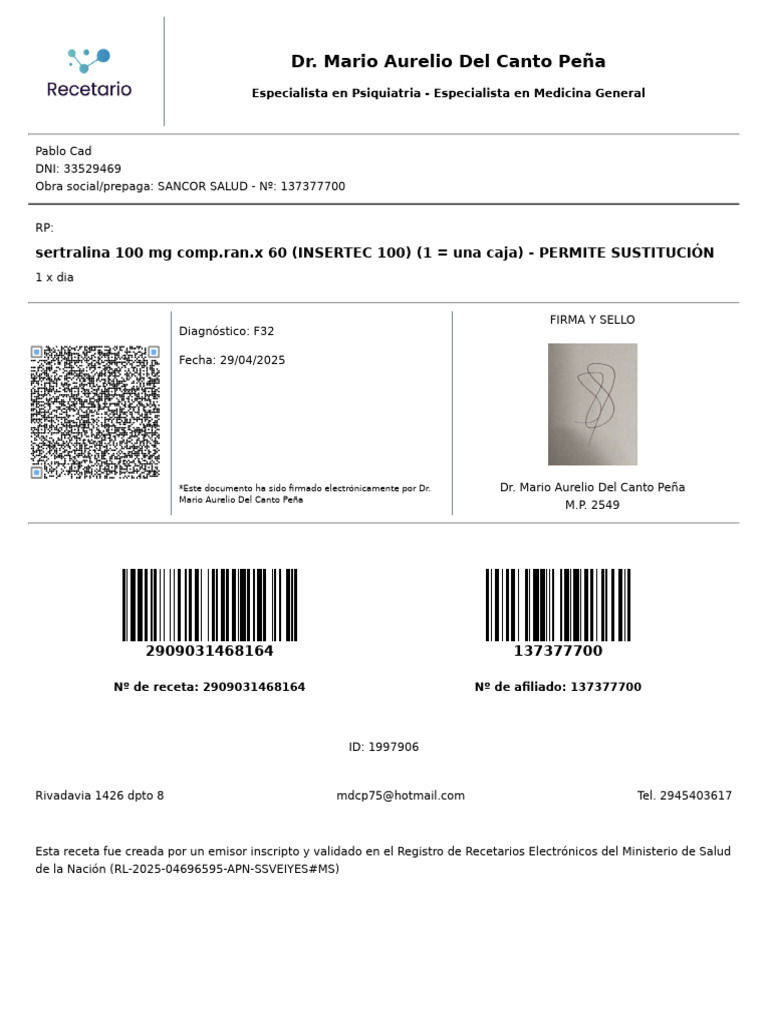 Dr. Mario Aurelio Del Canto Peña: Sertralina 100 MG Comp - Ran.x 60 ...