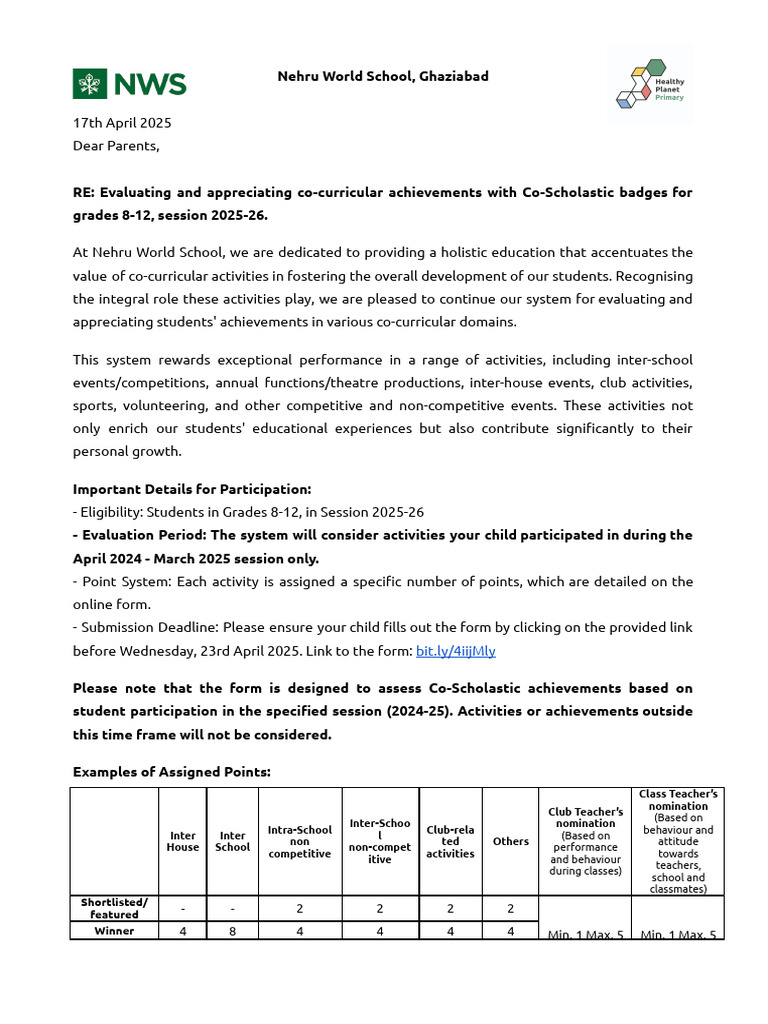 Co-Scholstic Circular For Points System 2025 | PDF | Social Psychology | Behavior Modification