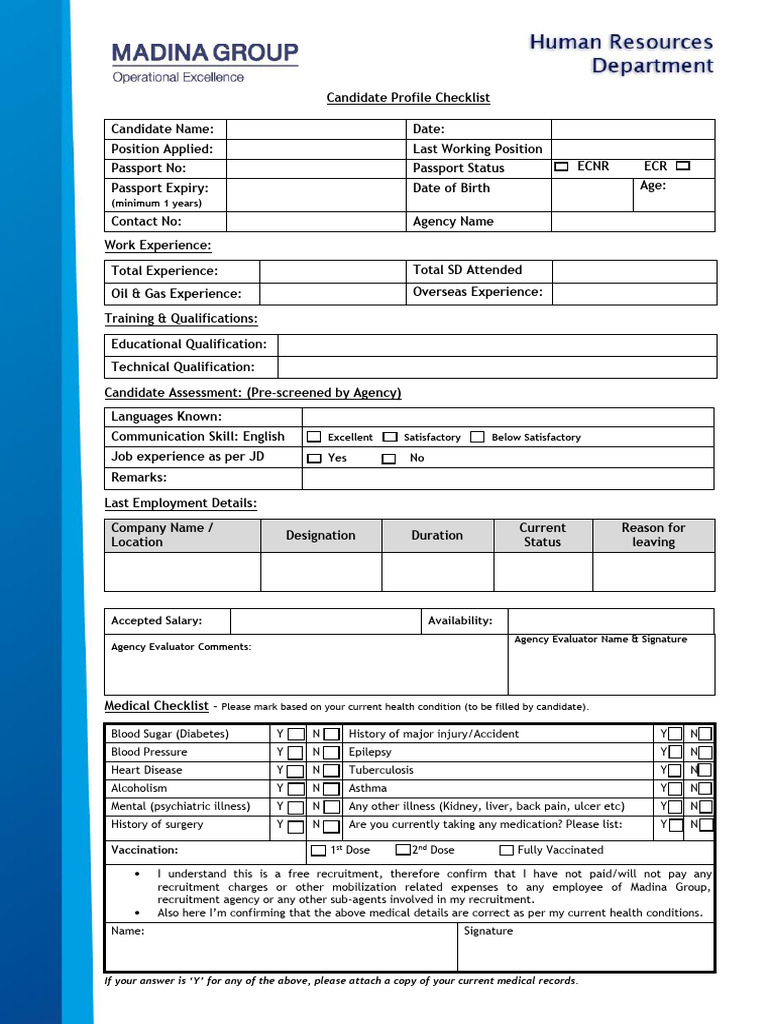 Candidate Profile Checklist Form | PDF | Recruitment | Clinical Medicine
