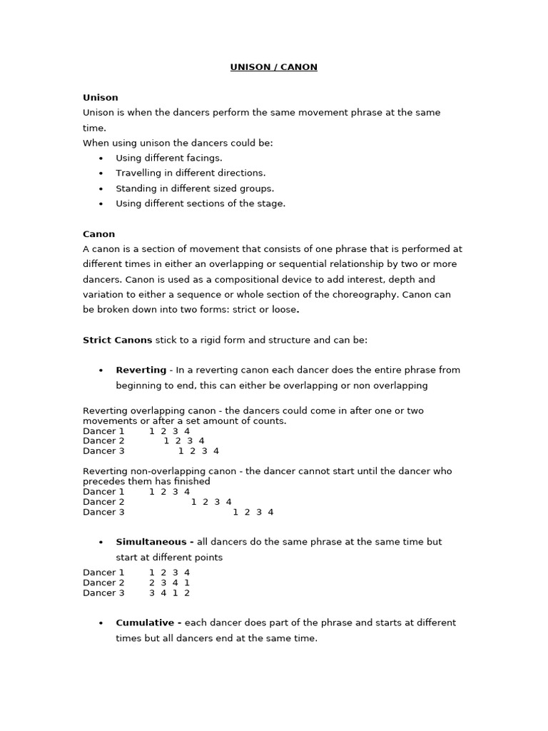 Unison and Canon in Dance Explained | PDF