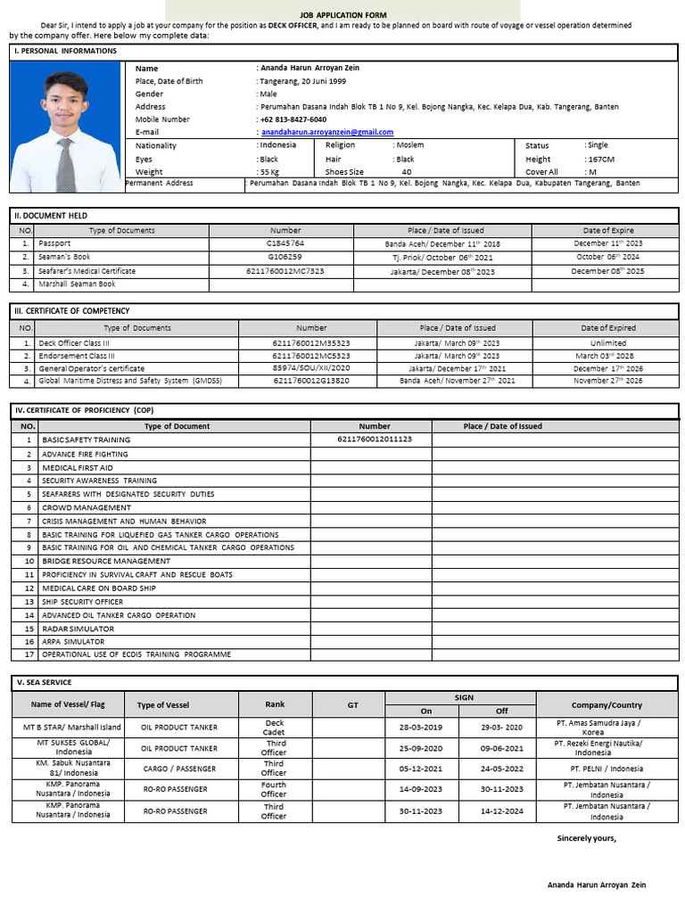 Application for Deck Officer Position | PDF | Shipping | Water Transport