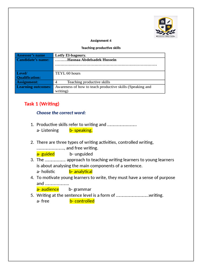 Assignment 4 Productive Skill | PDF | Communication | Cognitive Science