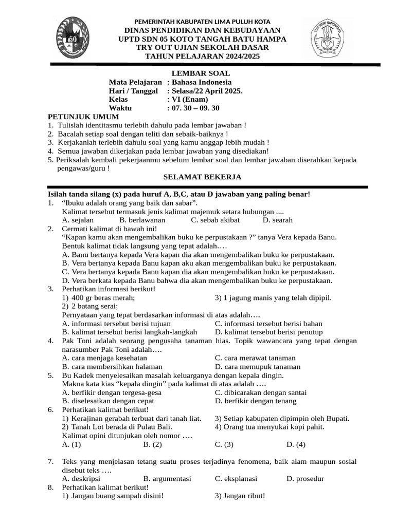 Soal Try Out Ujian Sekolah Dasar B Indo 24 25 | PDF