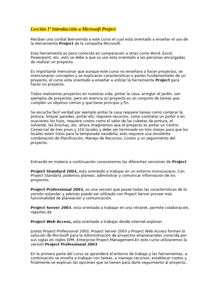 Lección 1 Introducción A Microsoft Project | PDF | Archivo de ...