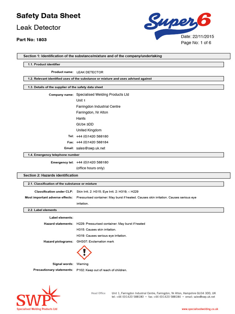 SWP Gas Leak Detector MSDS 1803 | PDF | Personal Protective Equipment ...