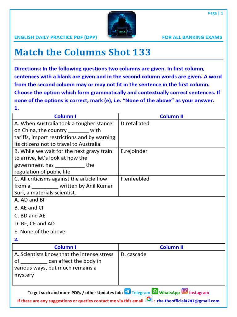 Match The Columns Practice Shot 133 | PDF