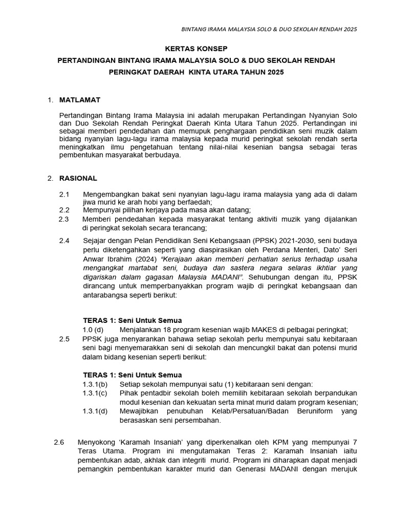 Kertas Konsep Pertandingan Nyanyian Solo & Duo Sekolah Rendah 2025 | PDF