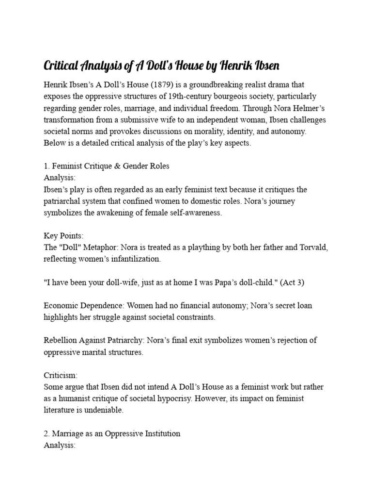 Critical Analysis of A Doll's House by Henrik Ibsen | PDF | A Doll's ...