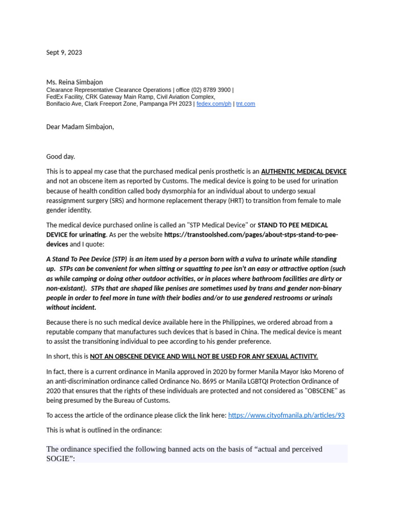 FEDEX_BOC Letter of Appeal_Release of STP MEDICAL DEVICE.pdf | PDF ...