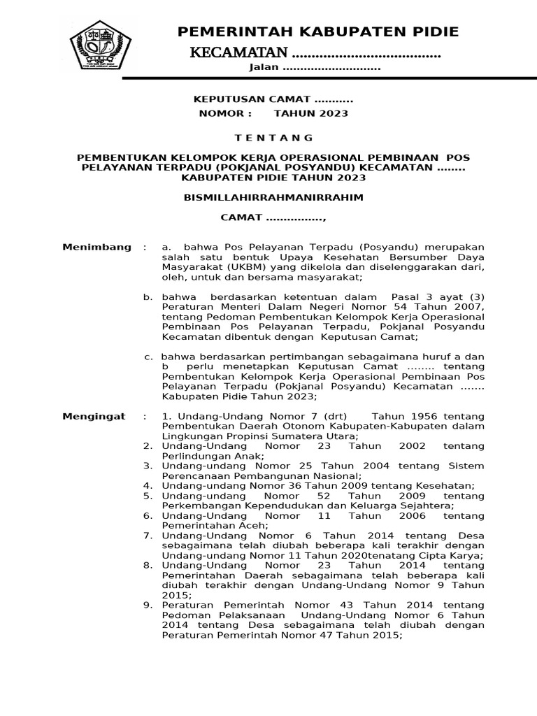 Draf SK Pokjanal Posyandu Kecamatan 2023 | PDF