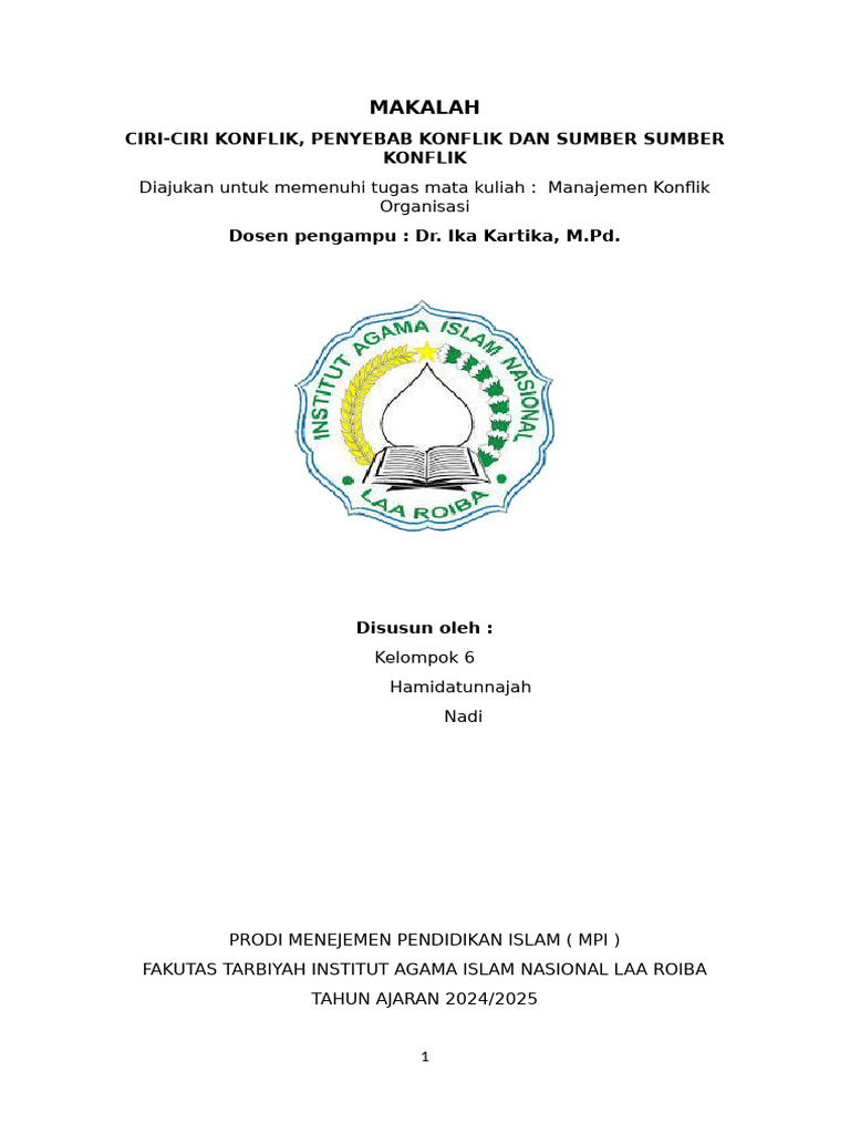 Mklah Klompok 6 (Ciri Ciri, Sebab Sebab Dan Sumber Sumber Konflik) | PDF