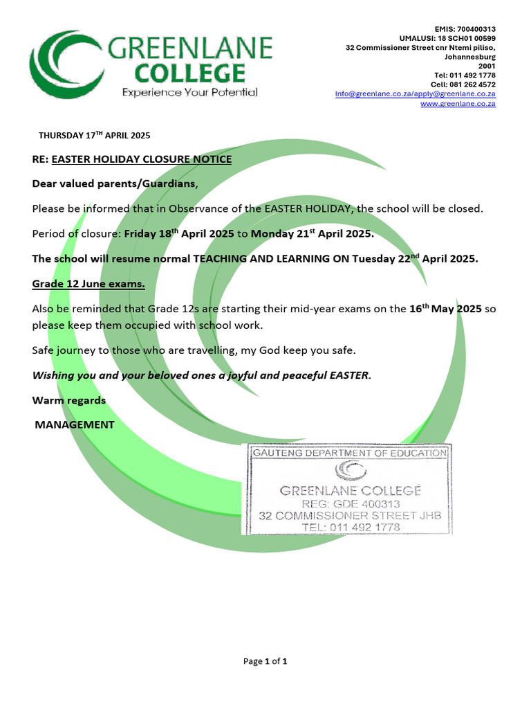 Easter Holiday Closure Notice 2025 | PDF