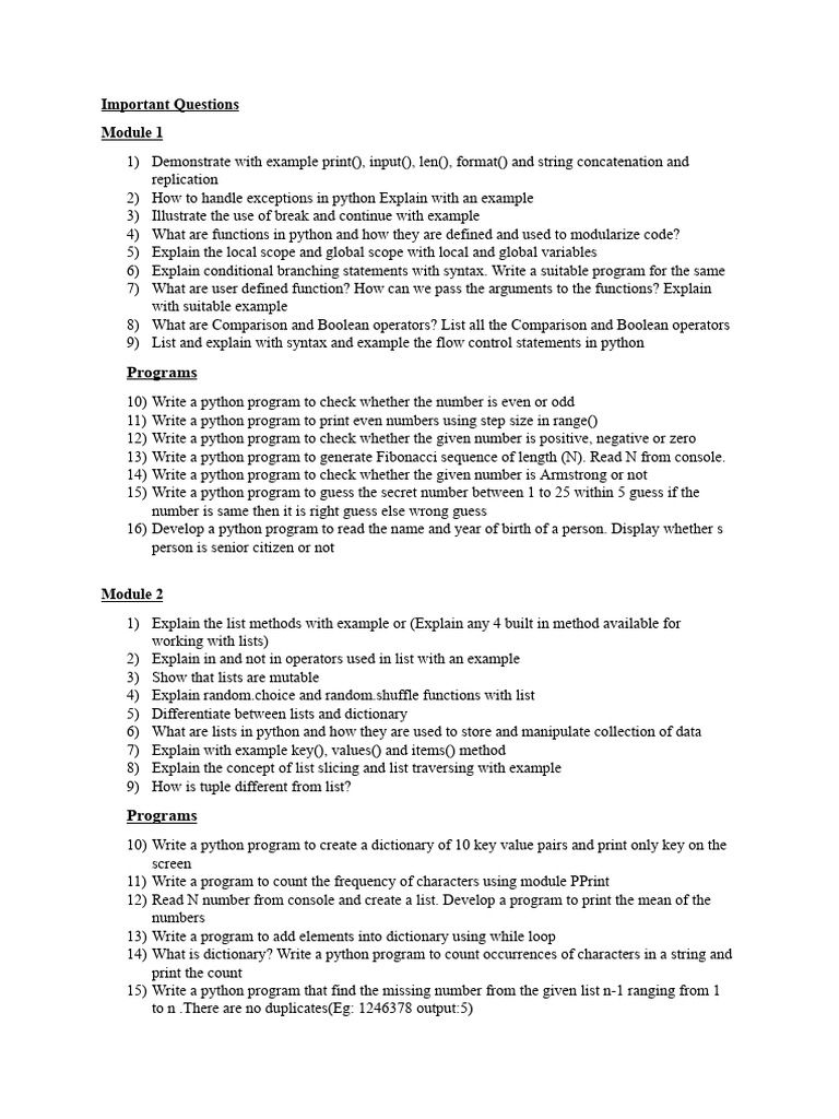 Important Questions Python | PDF | Computer Program | Programming Important Questions Python | PDF | Computer Program | Programming