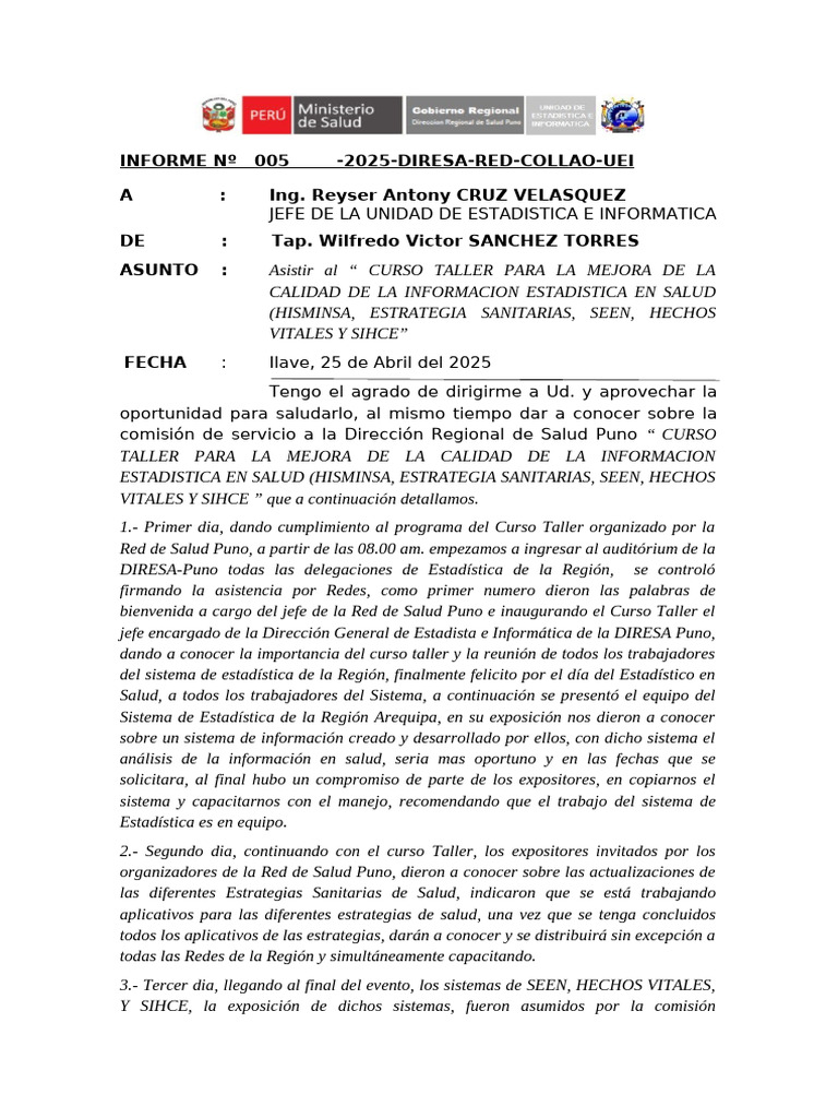 INFORME Curso DIRESA-Puno 23al25-04 2025 | PDF