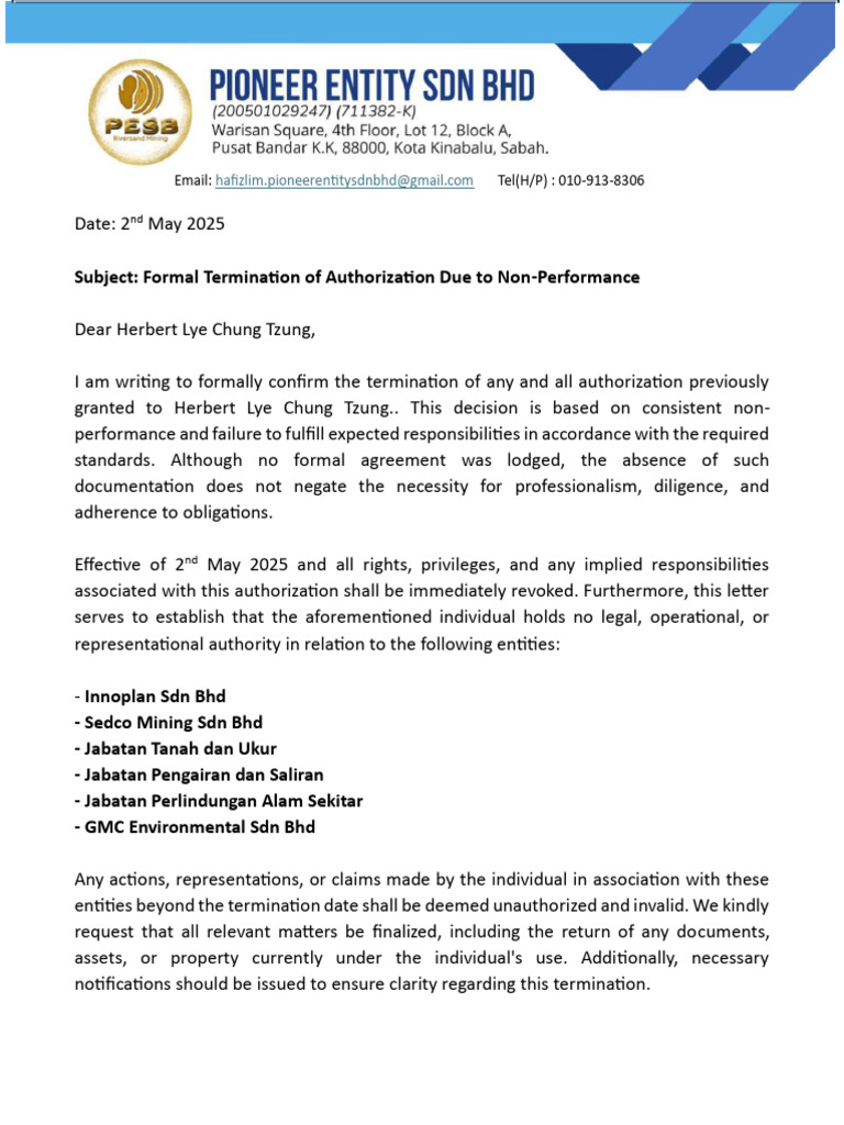 Letter of Termination (Herbert) | PDF