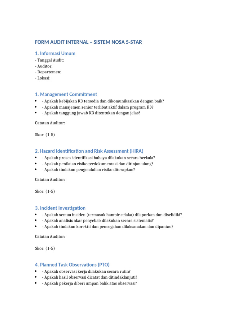 Audit Internal Sistem NOSA 5-Star | PDF