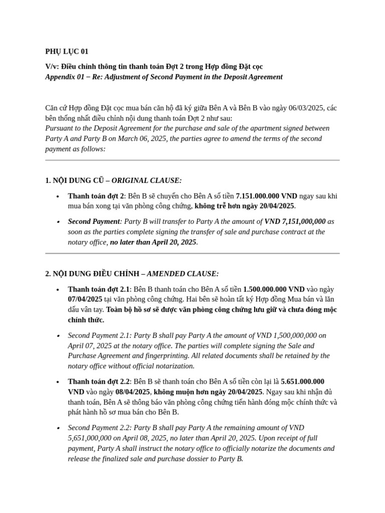 Appendix 01 - Re: Adjustment of Second Payment in The Deposit Agreement ...