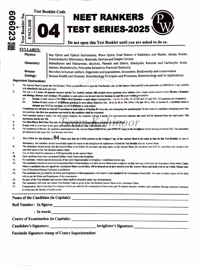 PW Ranker Test 04 | PDF