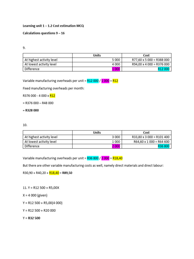 Learning Unit 1-1.2 - Cost Estimation MCQ Calculations Questions 9-16 | PDF