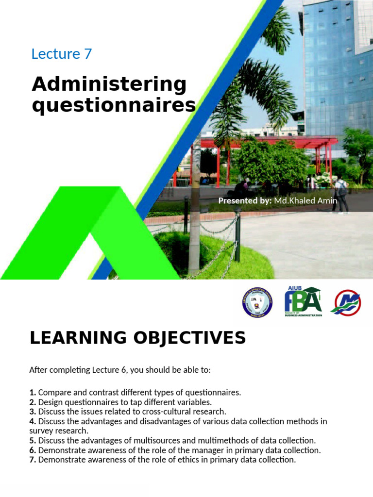 Lecture 7 Administering Questionnaires | PDF | Sampling (Statistics) | Survey Methodology