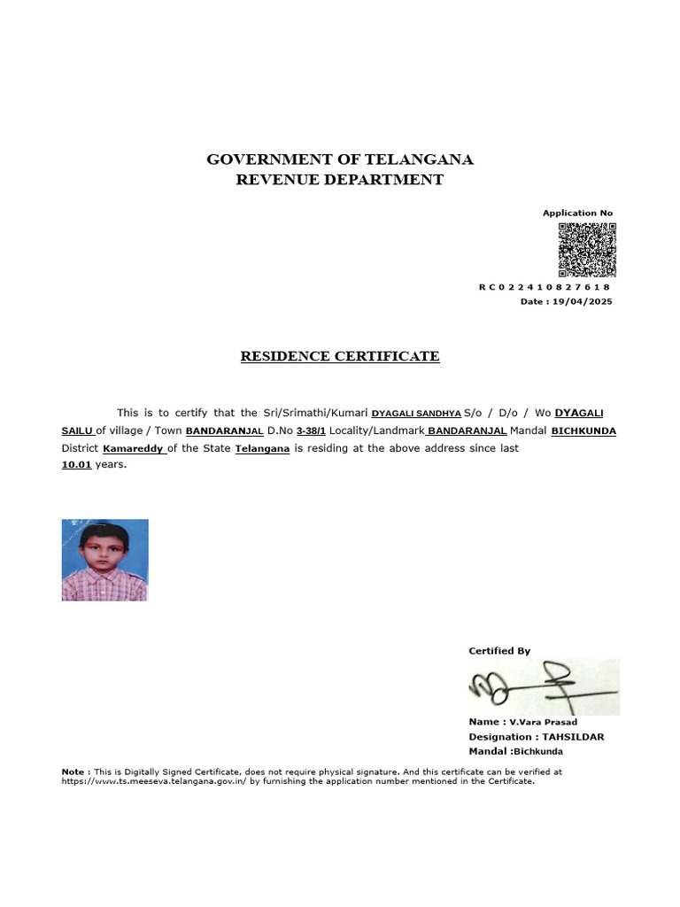 Government of Telangana Revenue Department: Residence Certificate | PDF