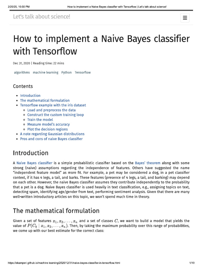 Naive Bais Classifier Using TensorFlow | PDF