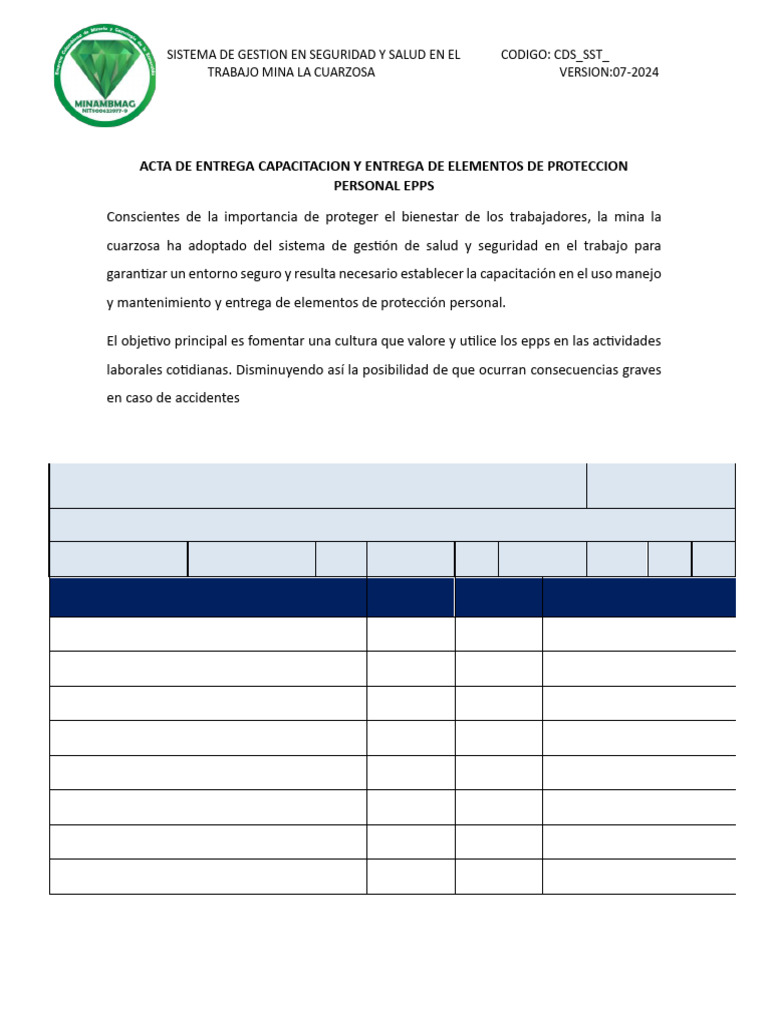 Acta de Entrega Capacitacion y Entrega de Elementos de Proteccion Personal Epps | PDF