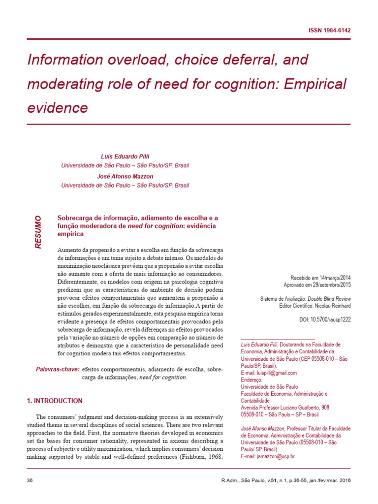 Information Overload, Choice Deferral, and Moderating Role of Need For ...