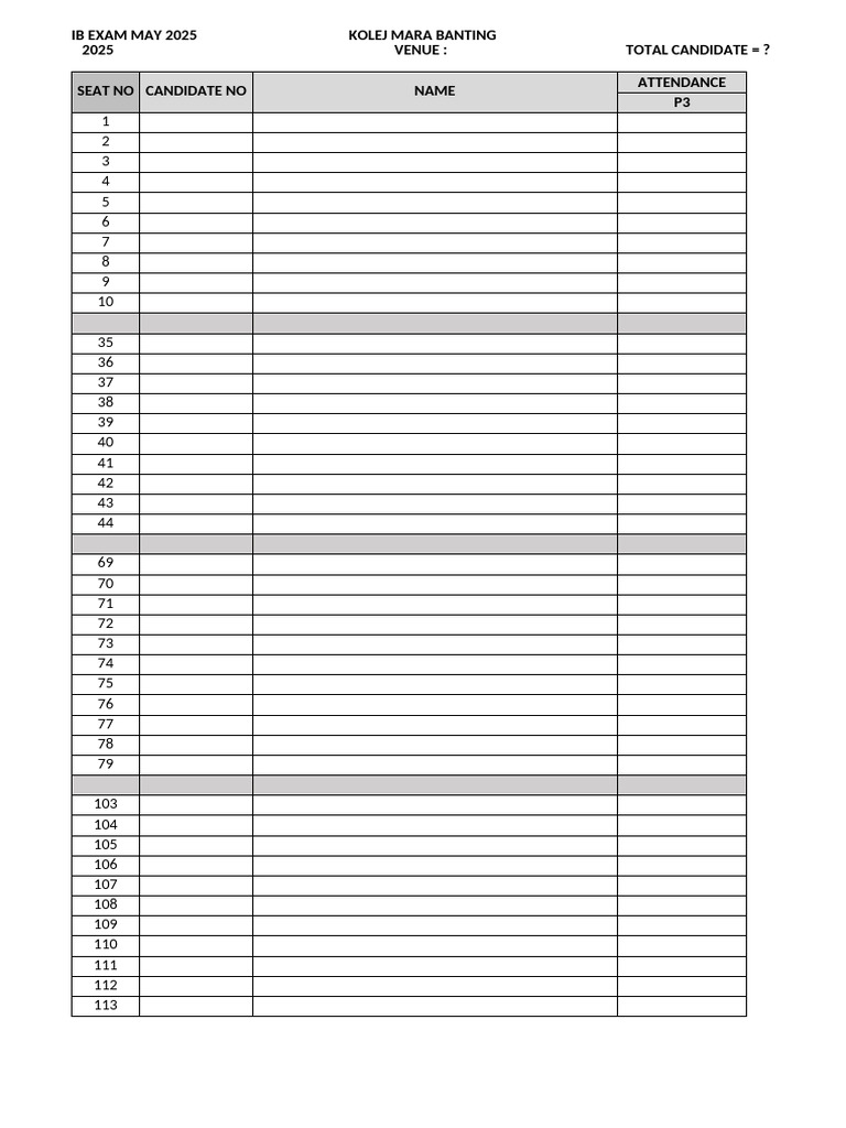 Seating Plan May 2025 (Attendance) | PDF