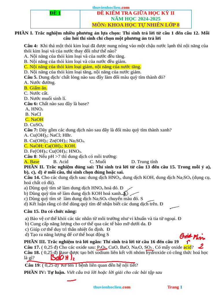 Bo 10 de Kiem Tra Giua HK2 KHTN 8 CTM 24 25 Co Dap An Ma Tran Dac Ta | PDF