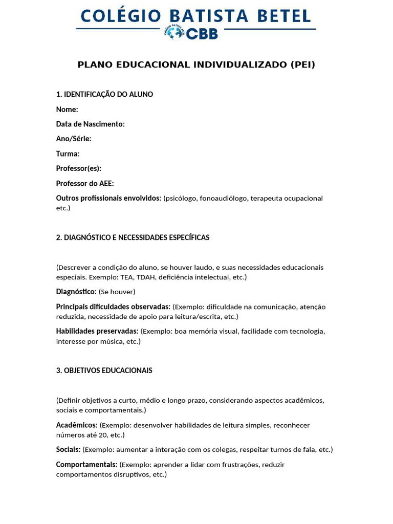 Modelo - PLANO EDUCACIONAL INDIVIDUALIZADO (PEI) | PDF | Aprendizado ...