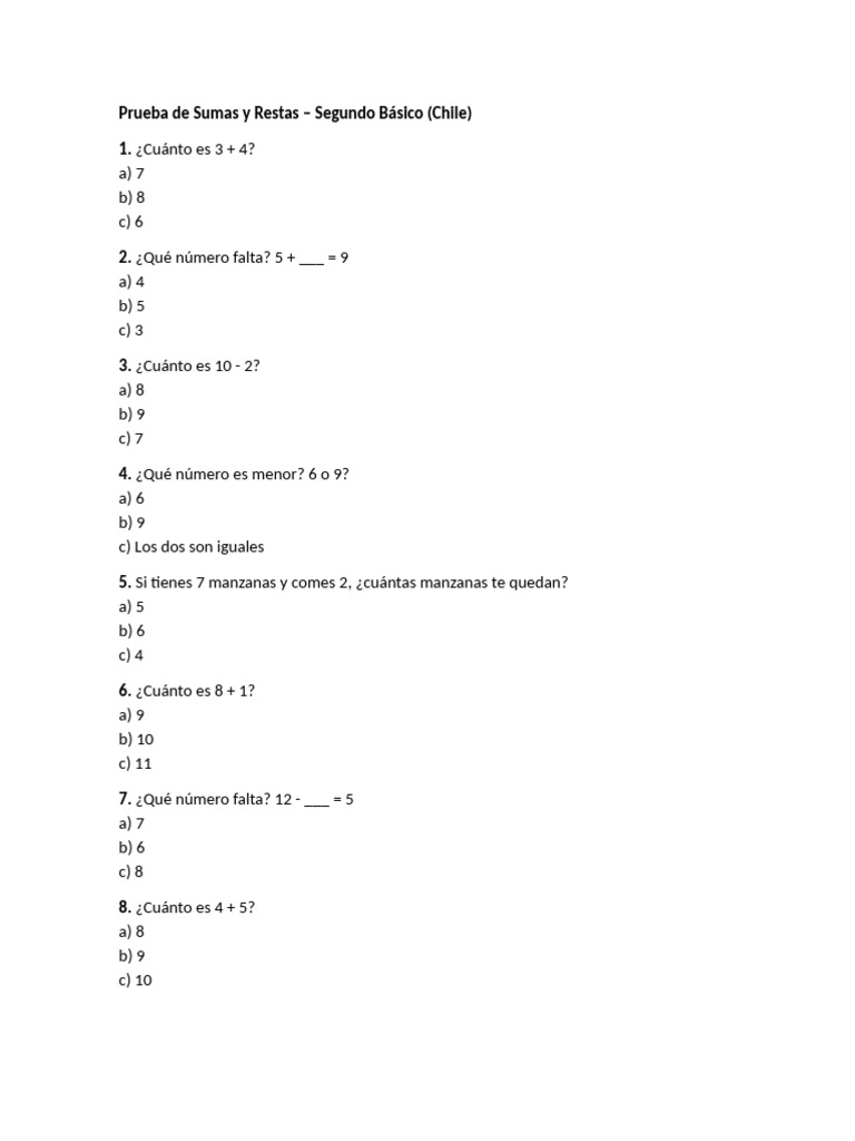 Prueba de Sumas y Restas | PDF
