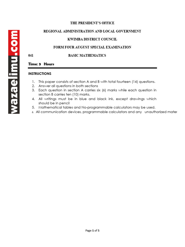 Form Four Basic Mathematics Exam Guide | PDF | Arithmetic | Mathematics