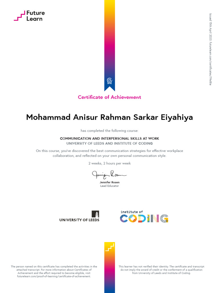 Communication and Interpersonal Skills at Work - Certificate - of - Achievement - 19e8lie | PDF ...