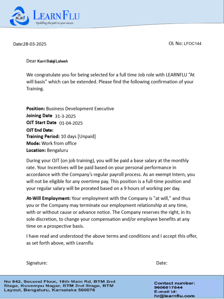 Learnflu Job Offer Confirmation | PDF | Employment | Salary