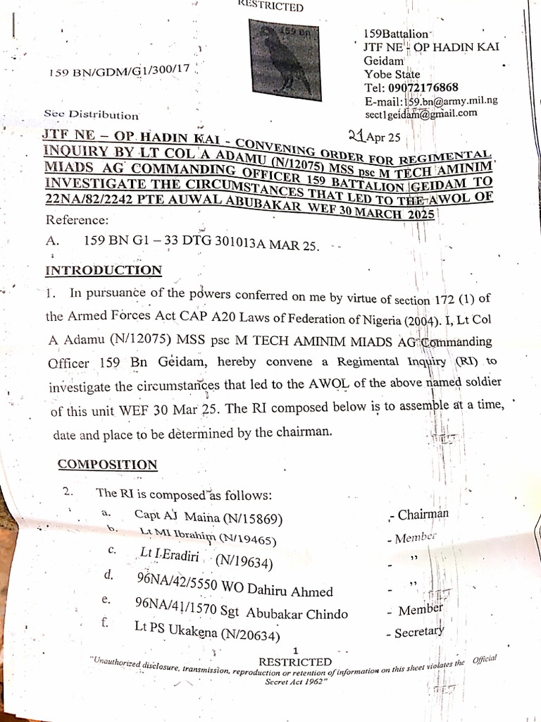 Convening Order For Ri by LT Col A Adanu | PDF