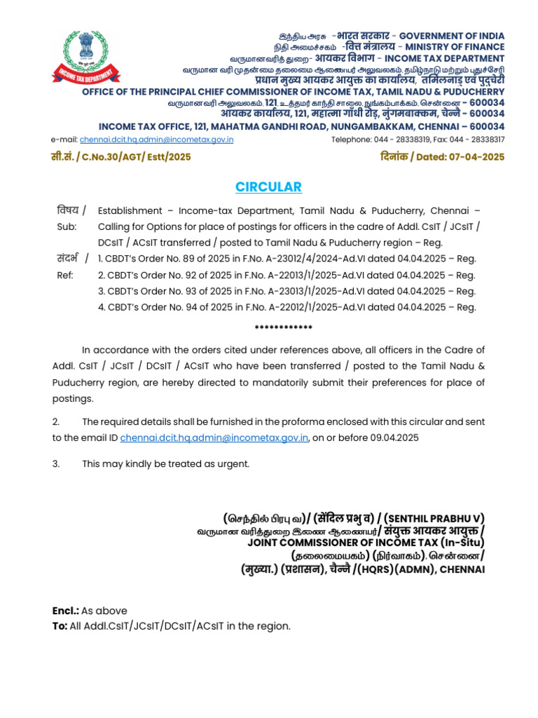 Circular-Calling For Options For Place of Postings For Officers in The ...