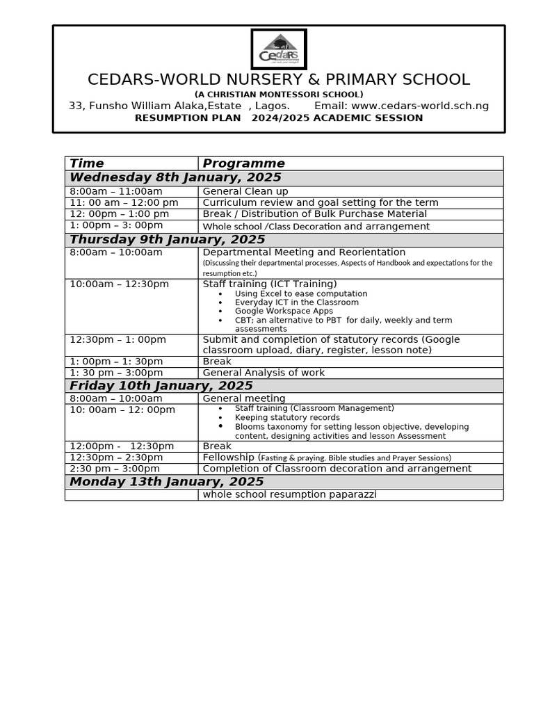 Resumption Plan Second Term 2025 | PDF