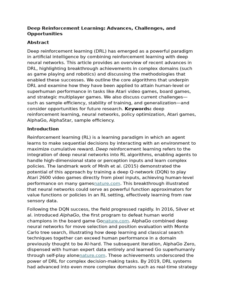 Deep Reinforcement Learning | PDF | Learning | Cognition