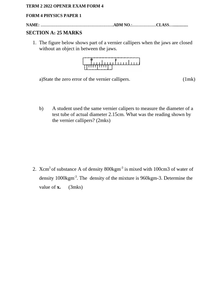 Form 4 Physics Term 2 Exam 2022 | PDF | Force | Velocity