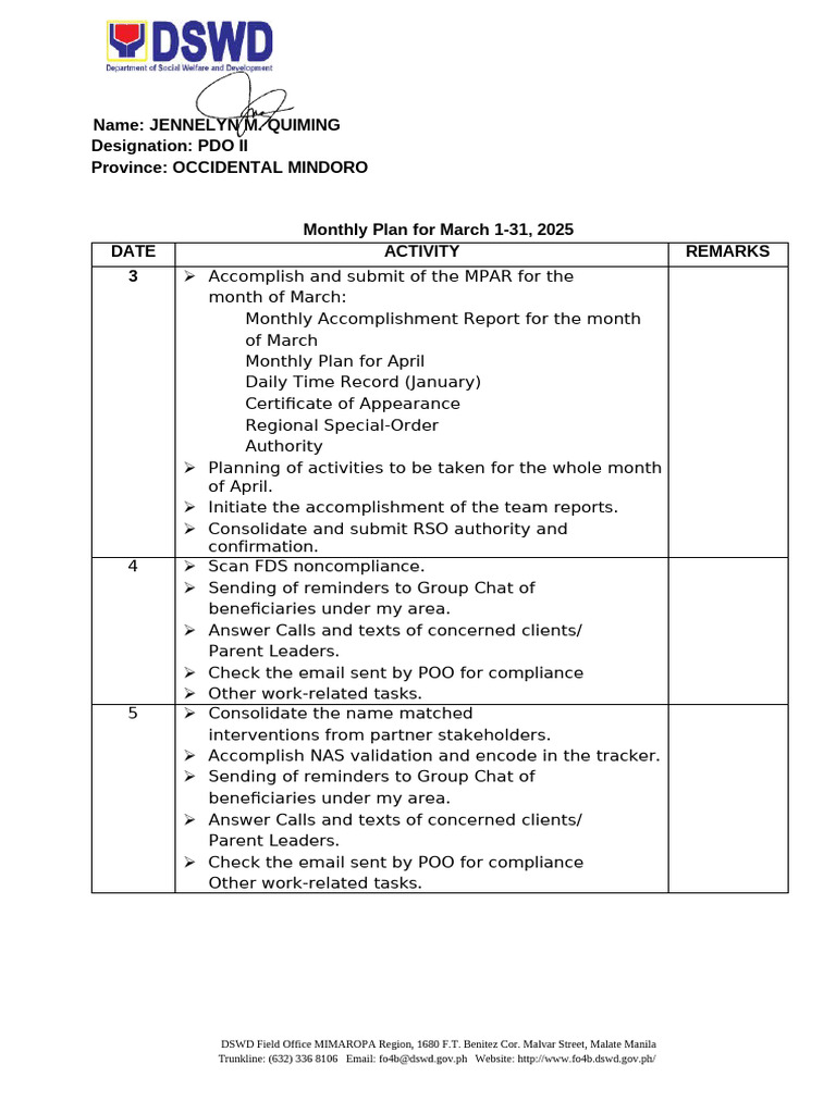 March 2025 Monthly Plan DSWD MIMAROPA | PDF