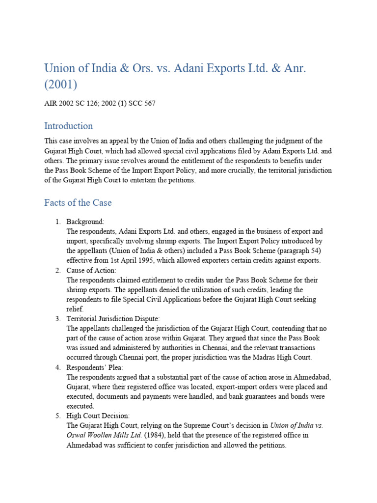 Uoi v. Adani Exports | PDF | Jurisdiction | Cause Of Action