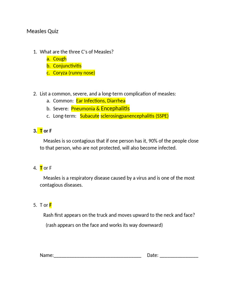 Measles Knowledge Assessment Quiz | PDF