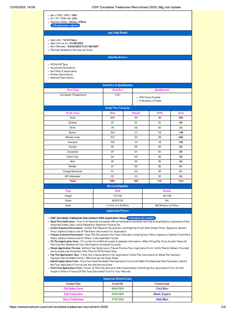 CISF Constable Tradesmen Recruitment 2025 - Big Job Update | PDF